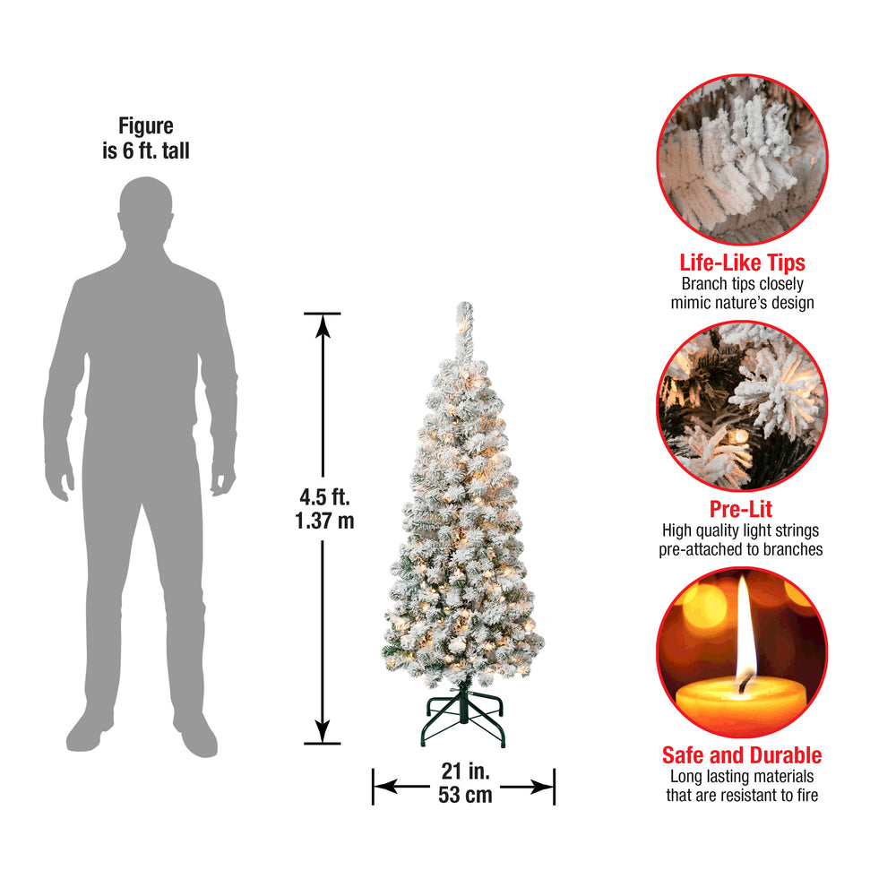 4.5 ft. Pre-Lit Acacia Pencil Slim Flocked Tree with Clear Lights, Plu ...