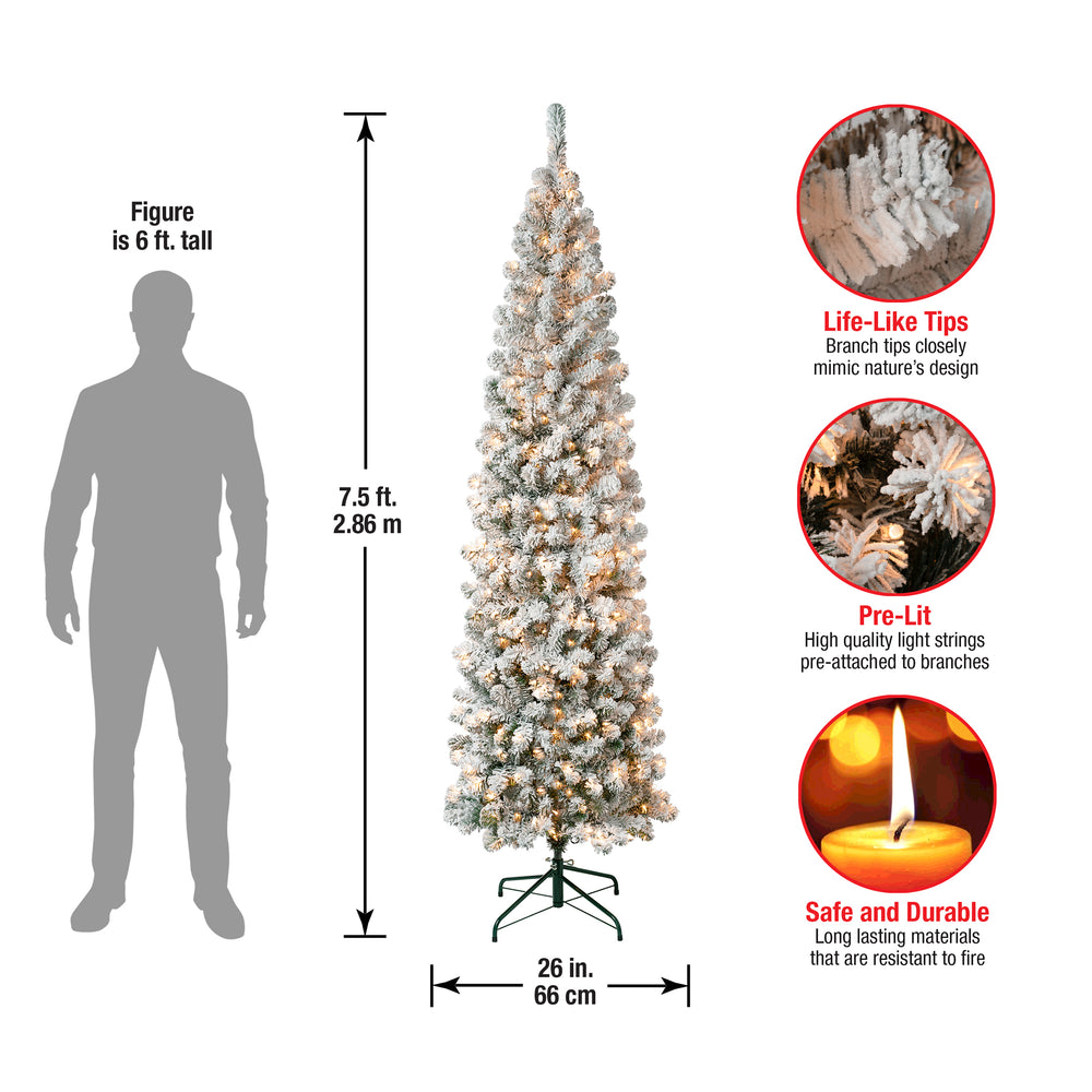 7.5 ft. Pre-Lit Acacia Pencil Slim Flocked Tree with Clear Lights ...