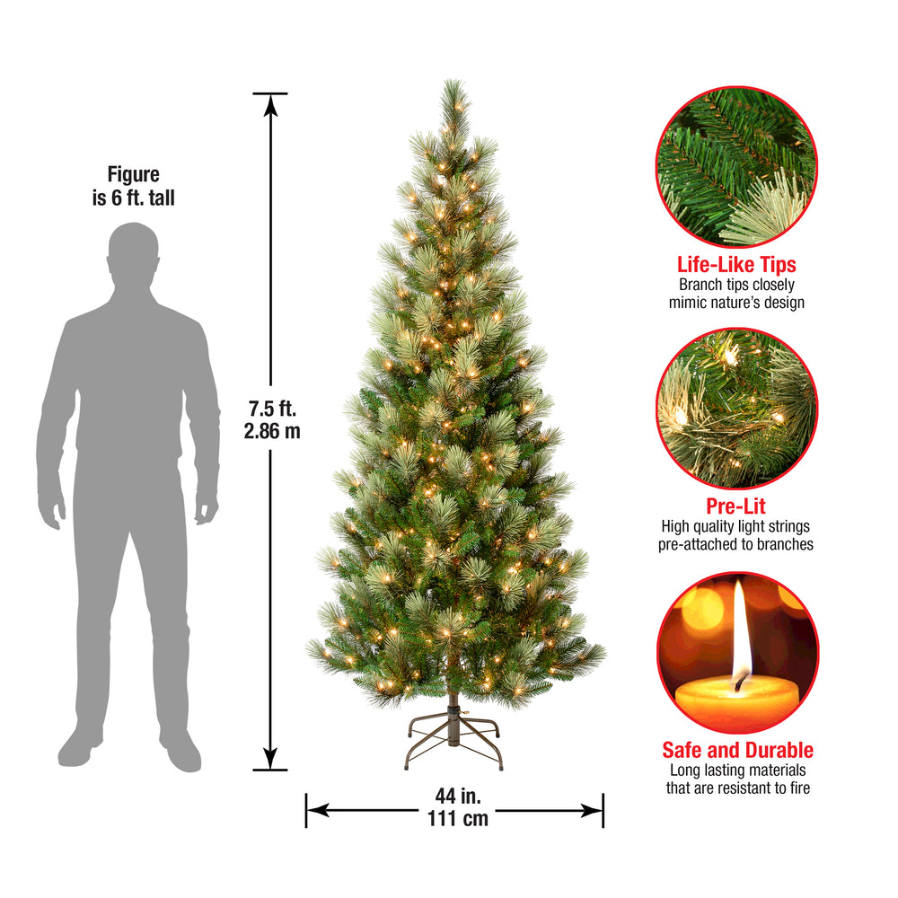 7.5 ft. Pre-Lit Charleston Pine Slim Tree with Clear Lights, Plug-In ...