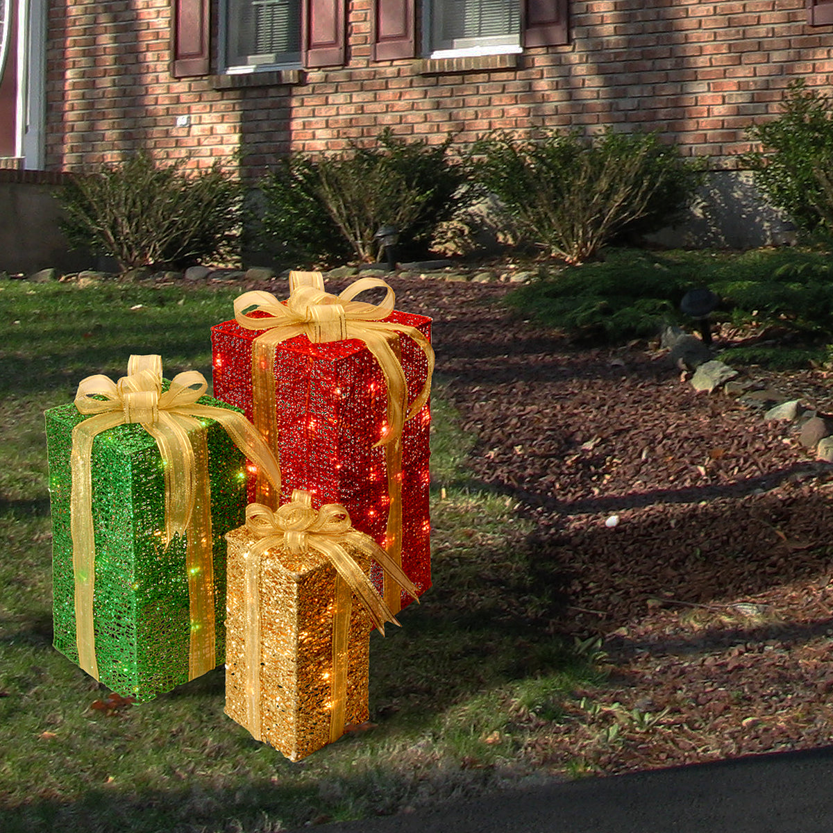 Pre-Lit Multicolor Gift Boxes, Set of Three, White Lights, Plug-In ...