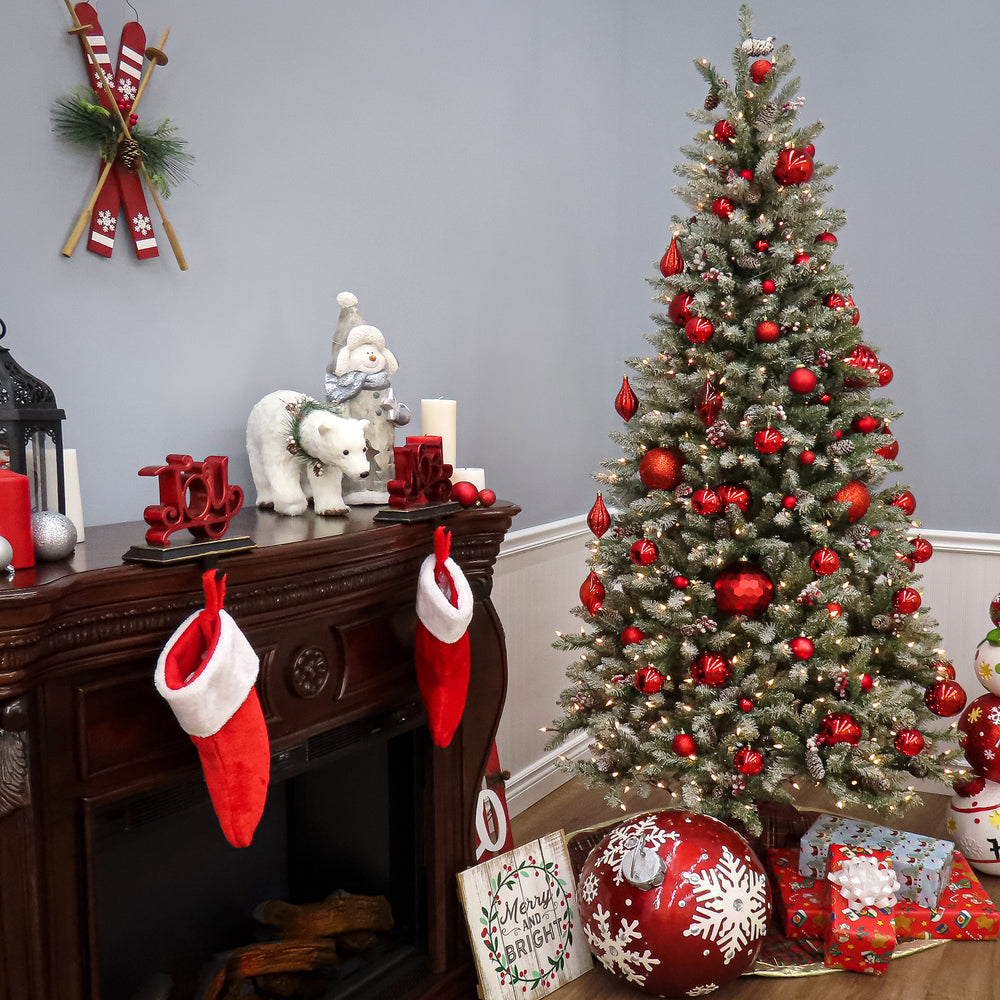 7.5 ft. Pre-Lit Dunhill Fir Slim Tree with Snow, Red Berries, Cones an ...