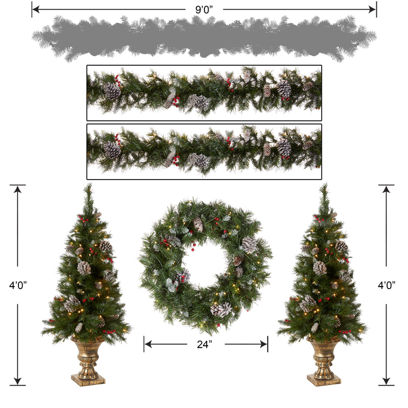 Pre-Lit Frosted Berry Assortment with 2 Entrance Trees, 1 Wreath, 2 Ga ...