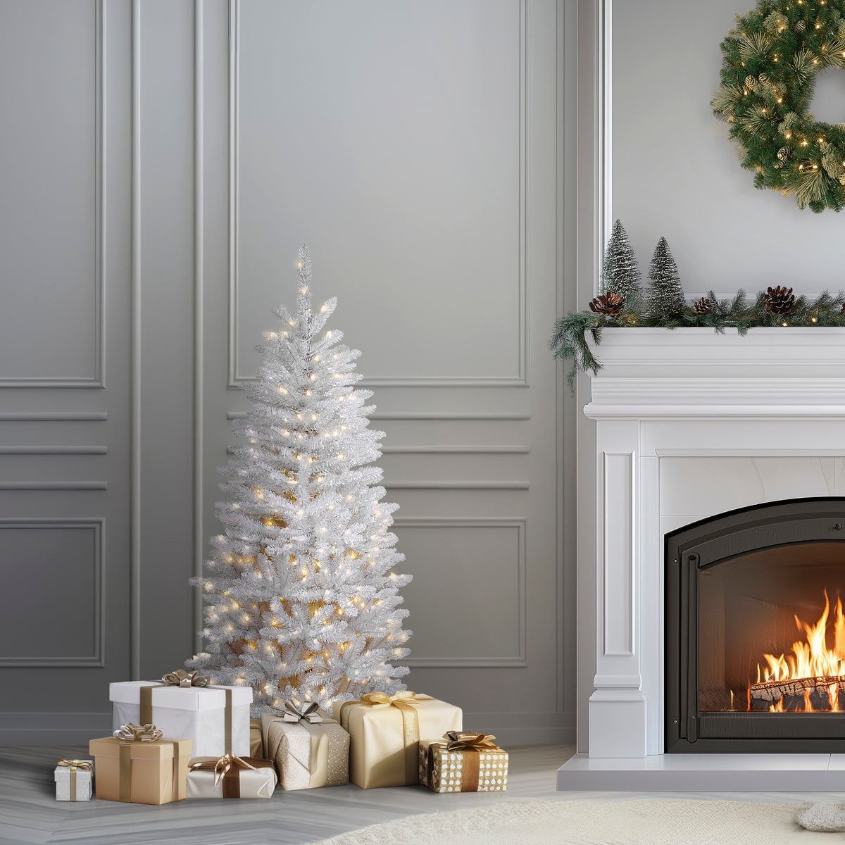 4.5 ft. Pre-Lit Kingswood Fir White Pencil Tree with Clear Lights, Plu ...