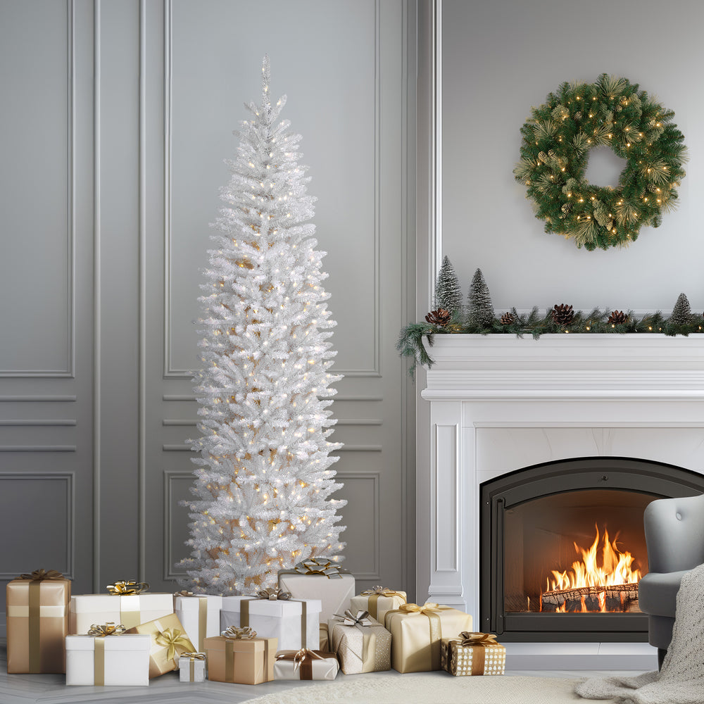 7.5 ft. Pre-Lit Kingswood Fir White Pencil Tree with Clear Lights, Plu ...