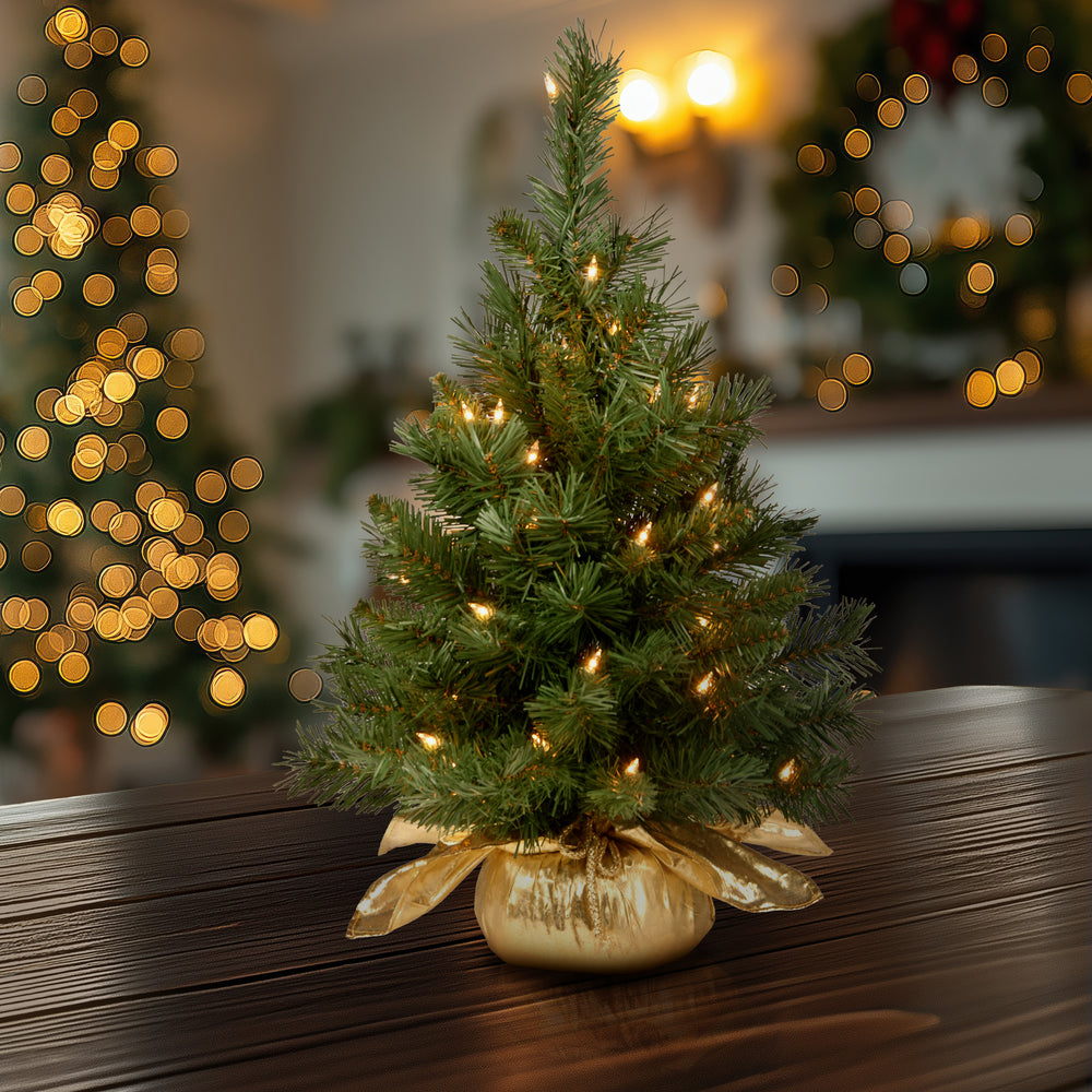 2 ft. Pre-Lit Majestic Fir Tree with Clear Lights, Gold Base, Plug-In ...