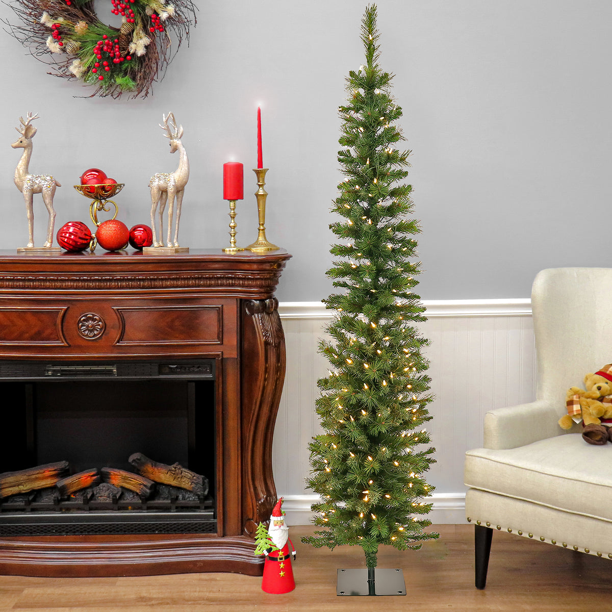 6 ft. Pre-Lit Nooksack Fir Pencil Slim Tree with LED Lights, Plug-In ...