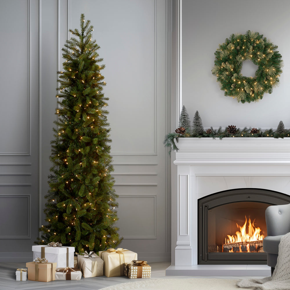 7.5 ft. Pre-Lit Downswept Douglas Fir Pencil Slim Tree with Clear Ligh ...