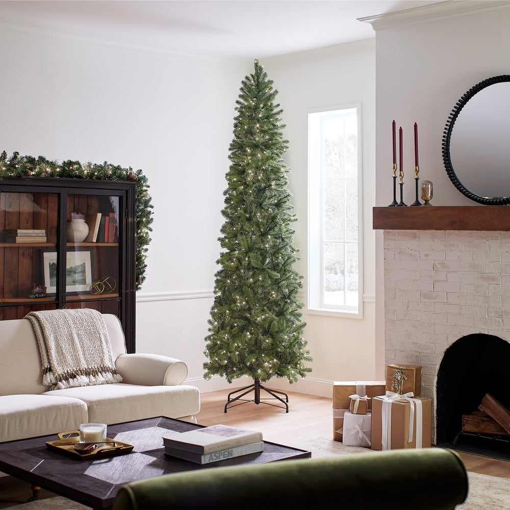 9 ft. Pre-Lit Downswept Douglas Fir Pencil Slim Tree with Clear Lights ...