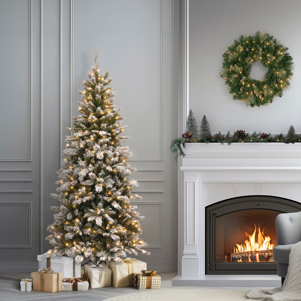 7.5 ft. Pre-Lit Snowy Mountain Pine Slim Tree with Clear Lights, Plug ...