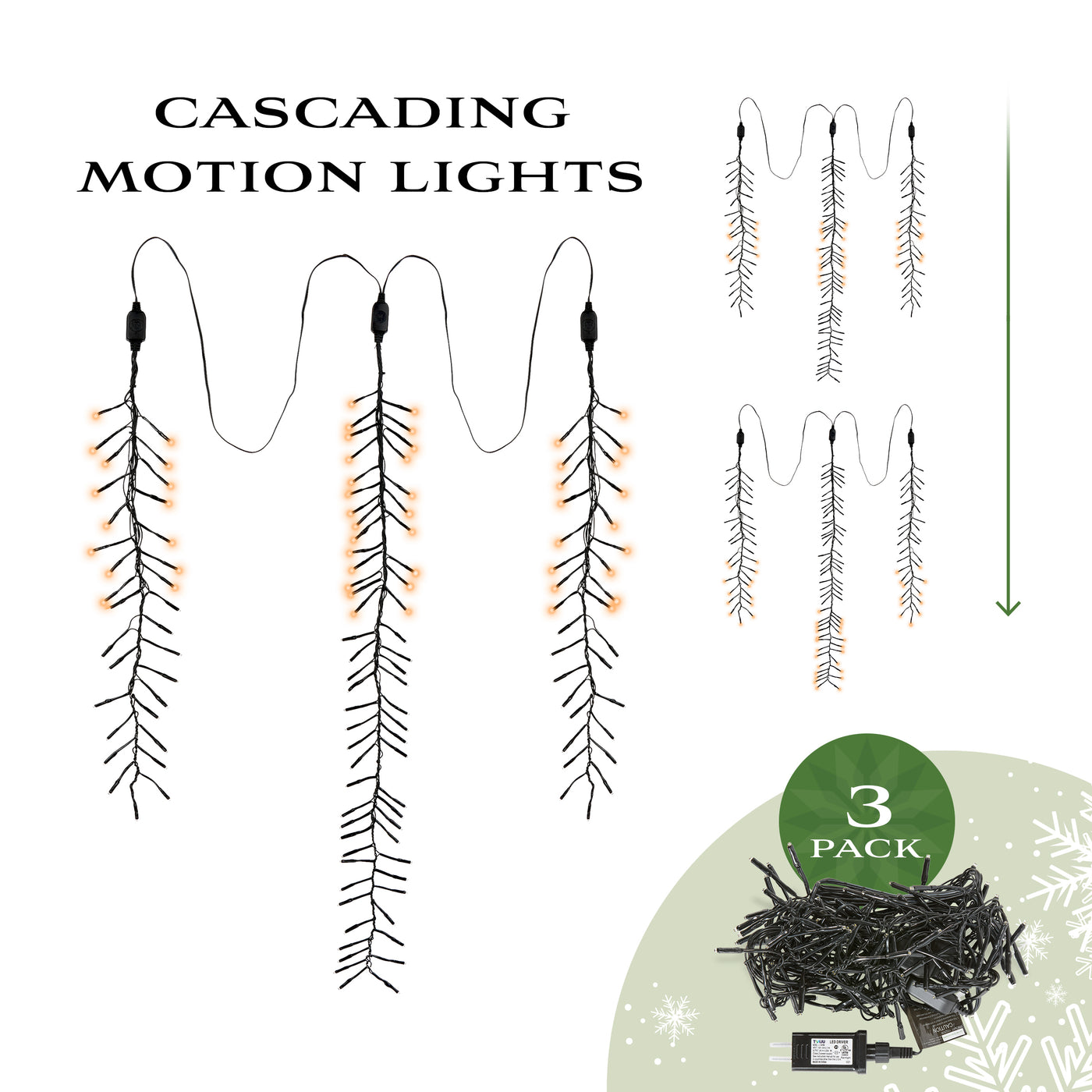 12 ft. Meteor Shower Cascading LED String Lights, 128 Warm White Plug ...