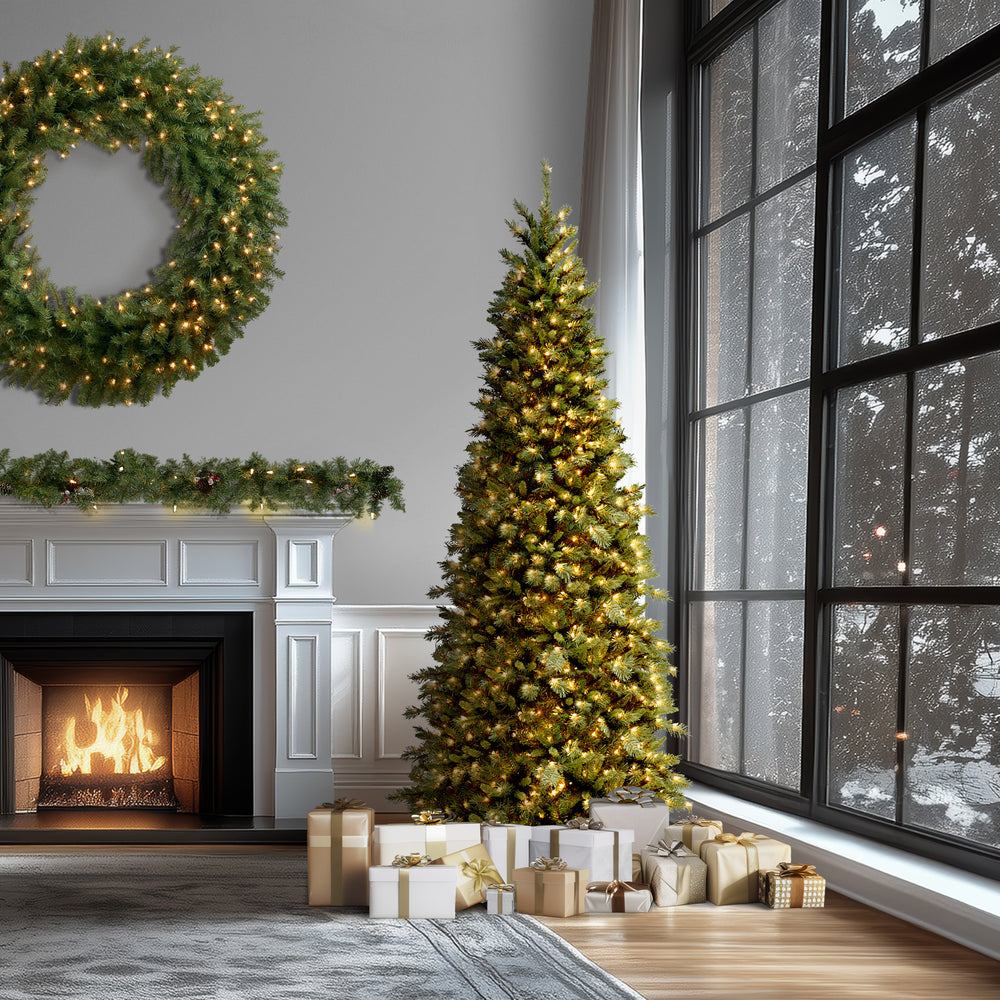 9 ft. Pre-Lit Tiffany Fir Slim Tree with Clear Lights - PVC Branch Tip ...