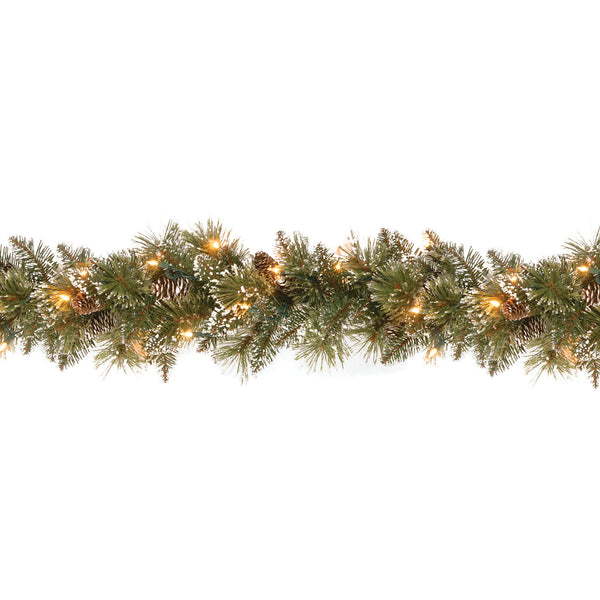 9 ft. Pre-Lit Glittery Bristle Pine Garland with Clear Lights, Plug-In ...